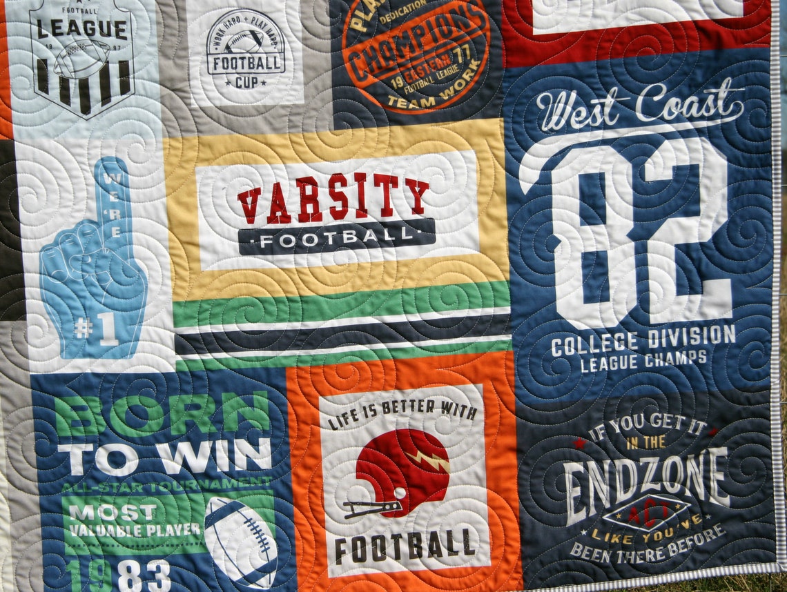 Football Quilt, Gift for Him, Patchwork Blanket, Adult Minky, Varsity ...