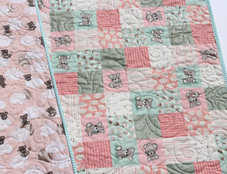 Baby Girl Quilt Handmade Newborn Blanket Coral Teddy Bear | Etsy