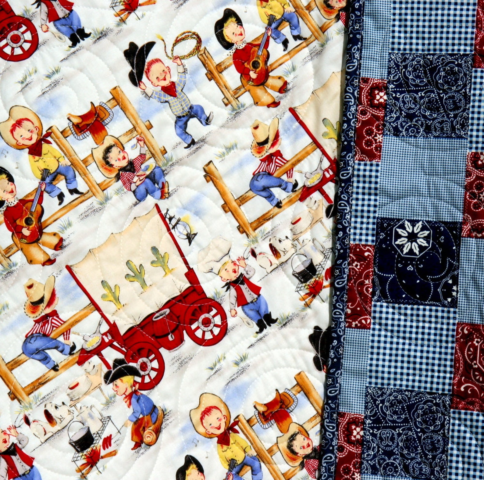 Country Western Baby Quilt, Toddler Bedding, Cowpoke, Wagon, Bandana ...