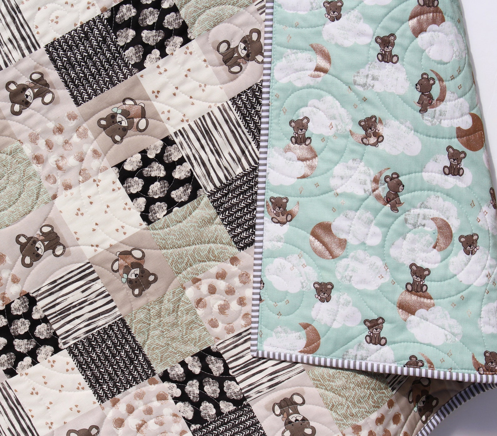 Teddy Bear Quilt Baby Boy Handmade Newborn Blanket Mint Grey - Etsy