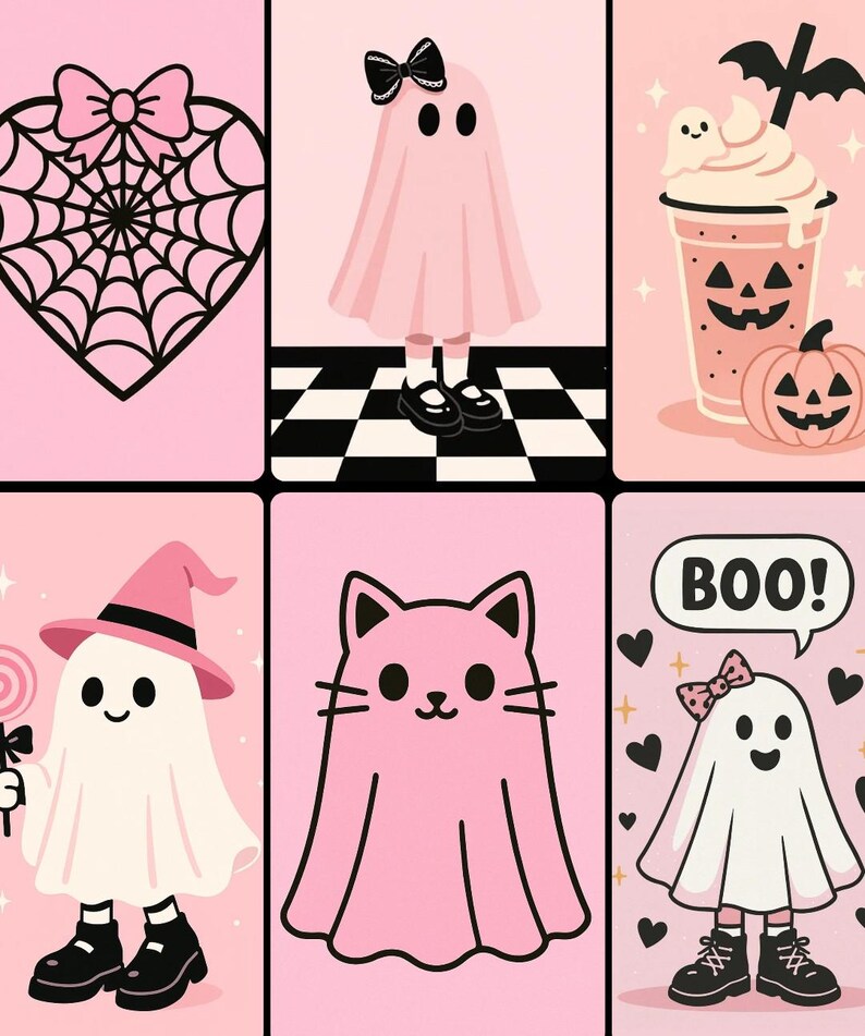 Pink Ghost Poster Set (6): Kawaii Pastel Halloween Decor (A3 Digital ...