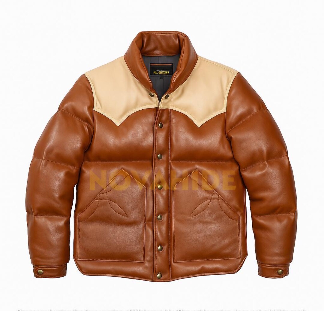 Handmade Western Leather Puffer Jacket | Tan Down Coat, Cowboy Style - Etsy