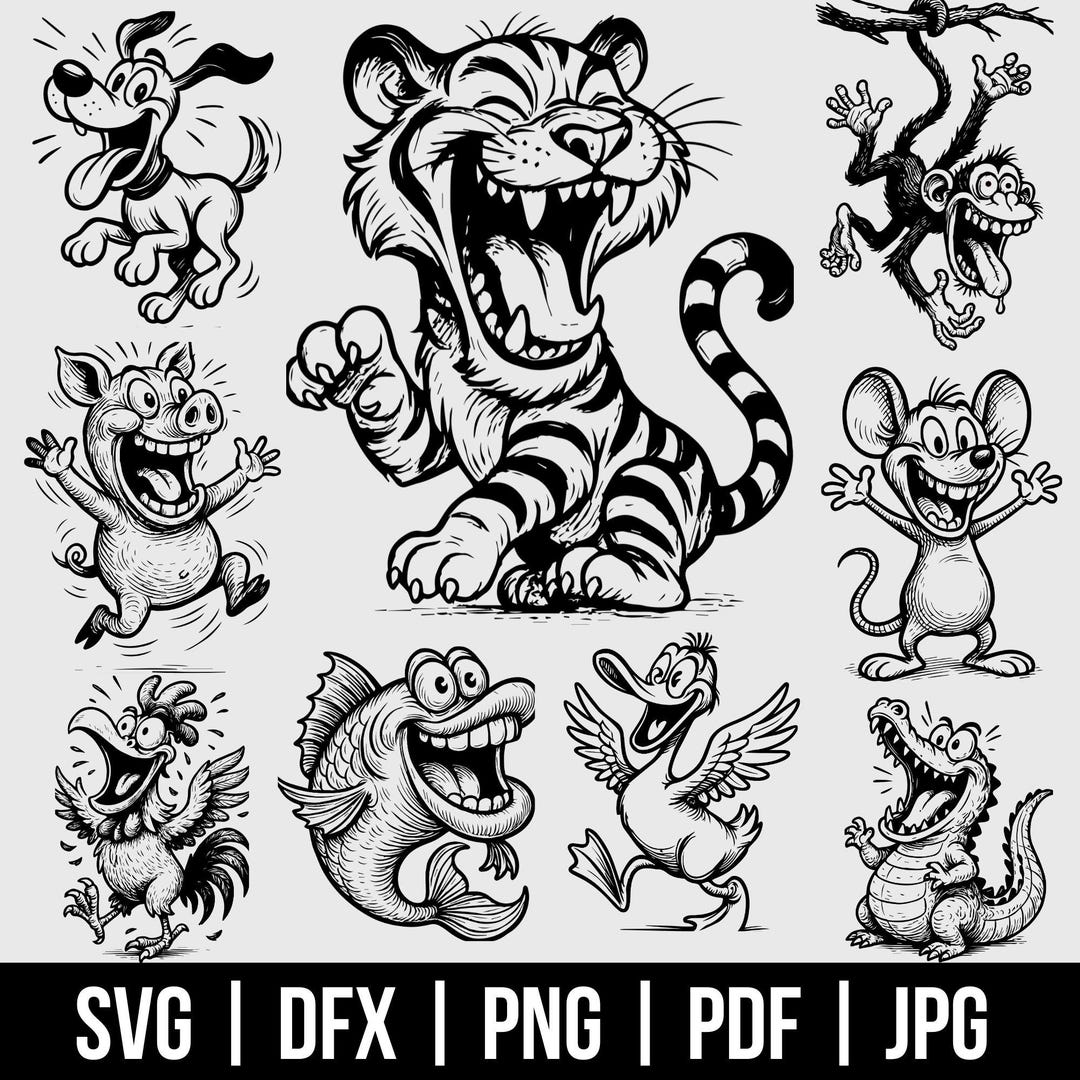 Funny Cartoon Animals SVG Bundle, Retro Comic Animal Clipart Pack ...