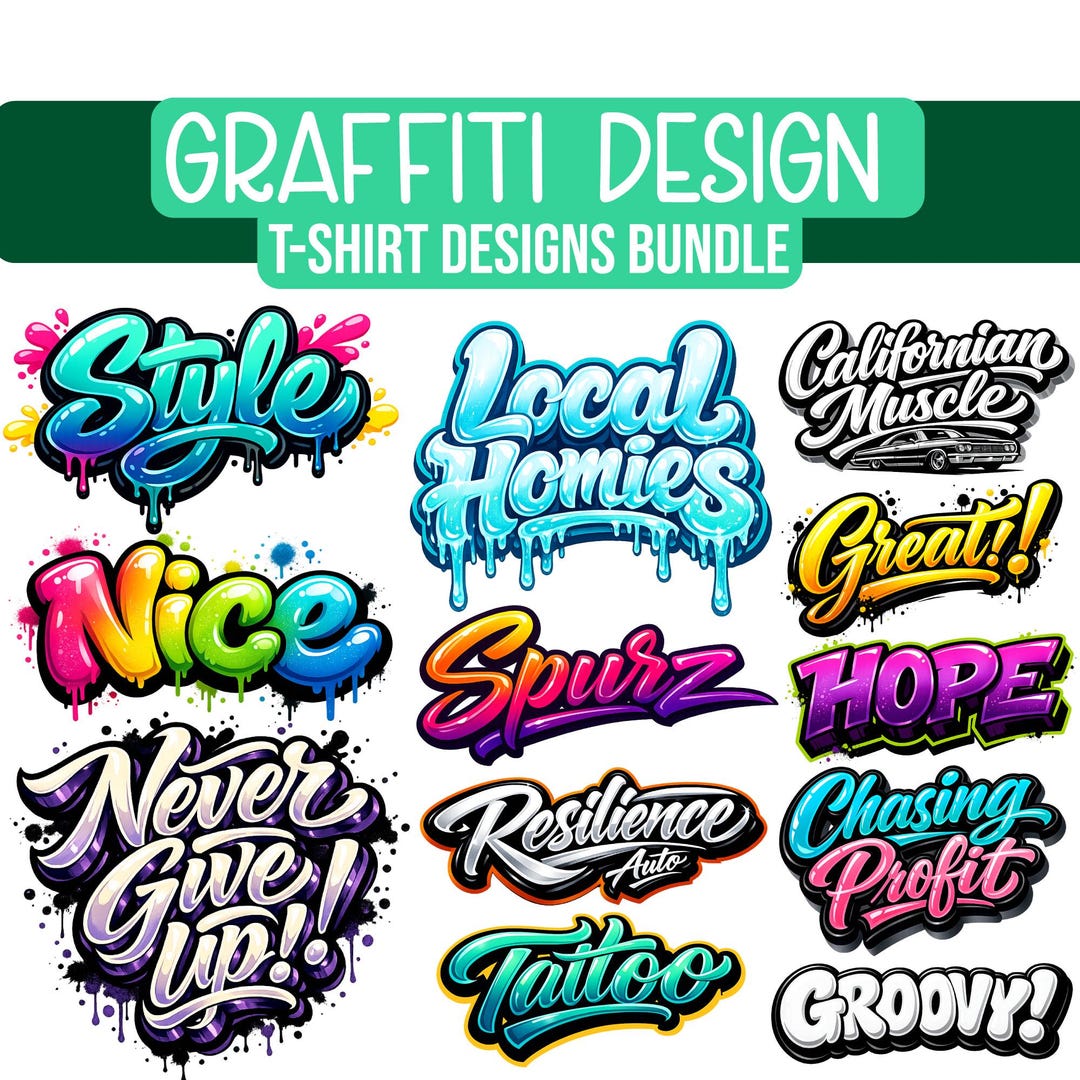 Graffiti Style T-shirt Designs Bundle, Colorful PNG (digital Download ...