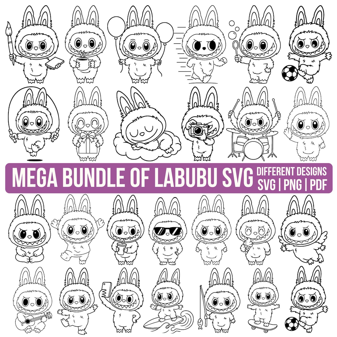 Cute Labubu SVG Bundle, Black Outline Labubu Character Clipart, Funny ...