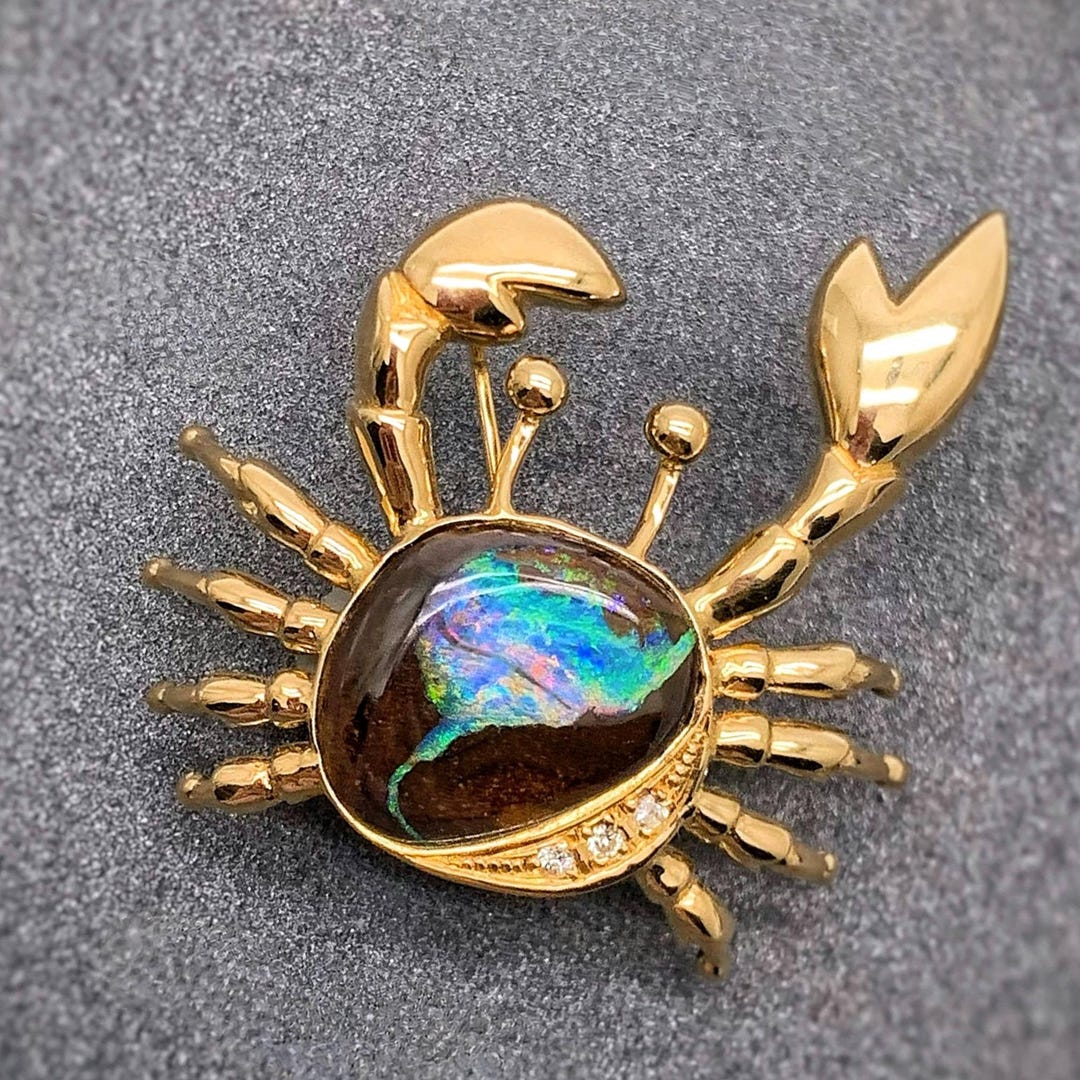 18K Gold Boulder Opal Crab Brooch: Vintage Diamond Pendant - Etsy