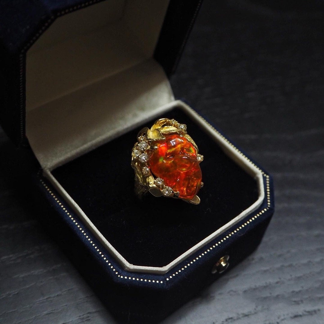 18K Yellow Solid Gold Mexican Natural Red Fire Opal Ring. Vintage Fire ...
