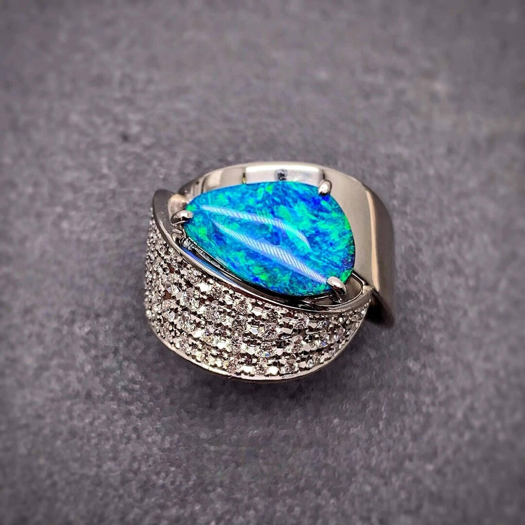 PT900 White Gold Australian Boulder Opal Ring With Diamonds - Etsy