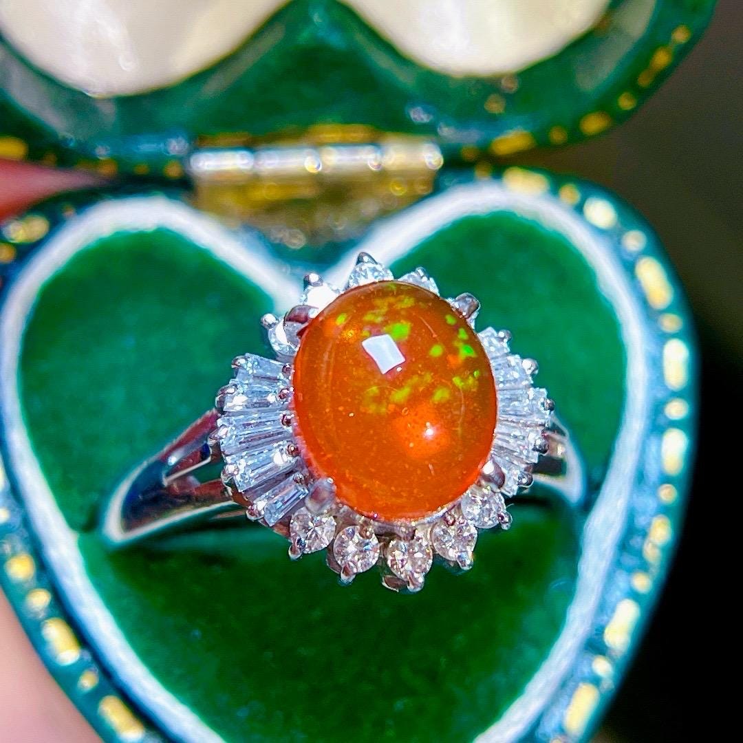 Vintage Mexico Fire Opal Ring With Stunning Fire|pt900 Platinum & Natural Diamond|mexico Opal ...