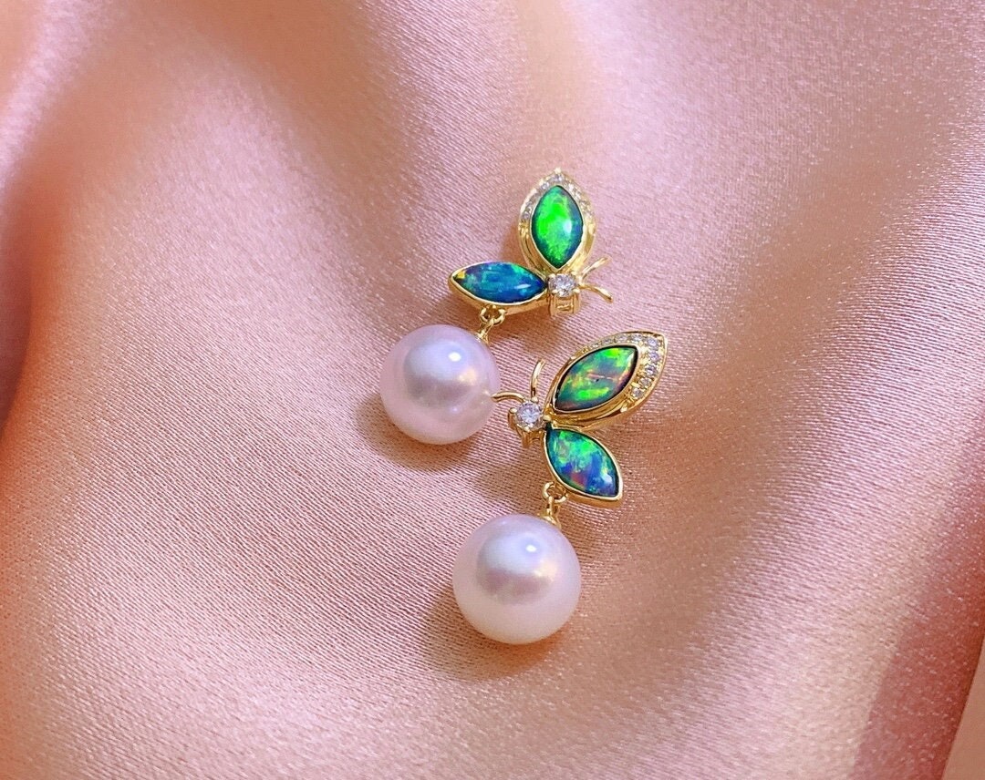 Australian Natural Crystal Opal Akoya Pearl 18K Solid Gold Butterfly ...
