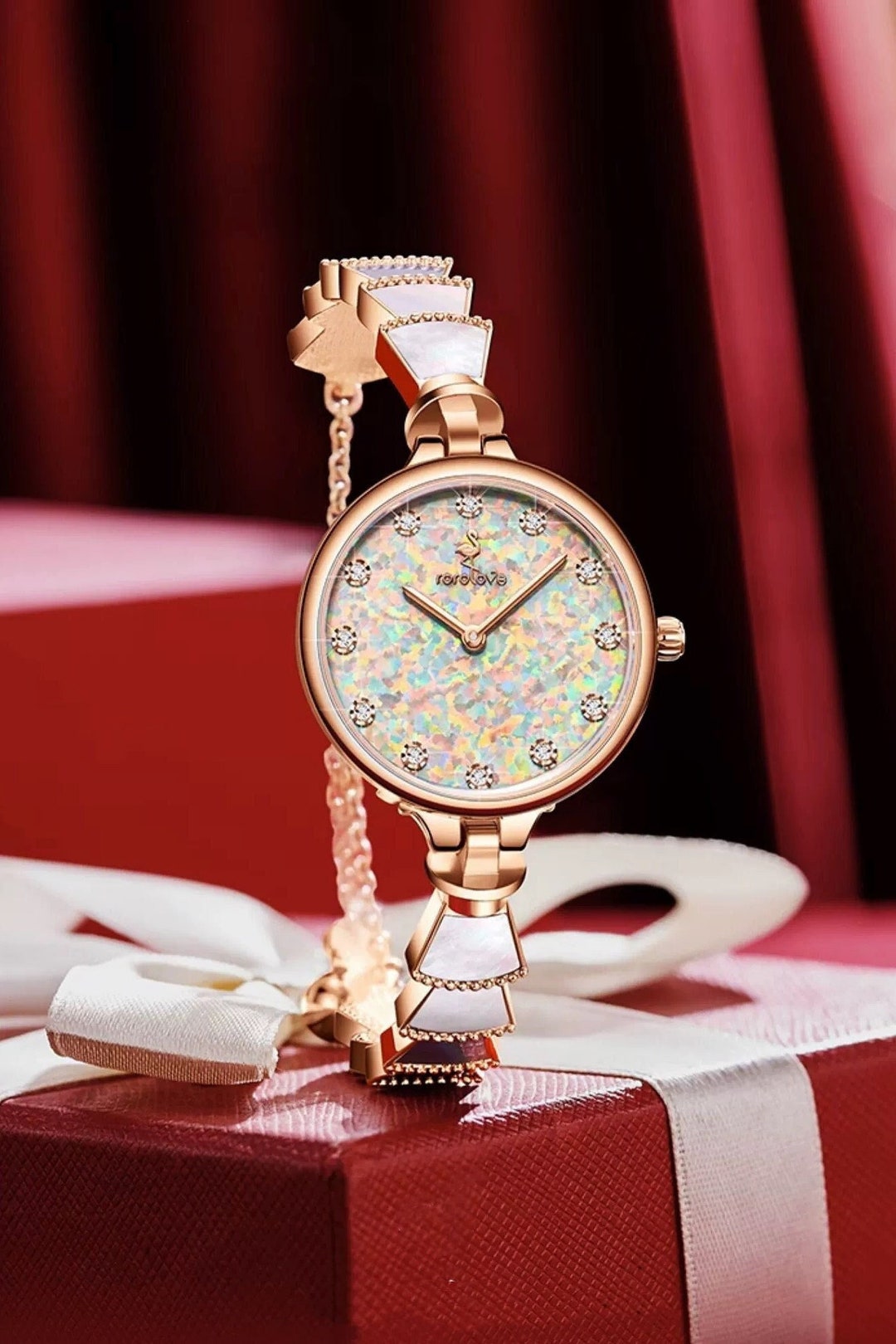 Rainbow Opal Watch With Black Quartz Watch for Women Real Diomands ...