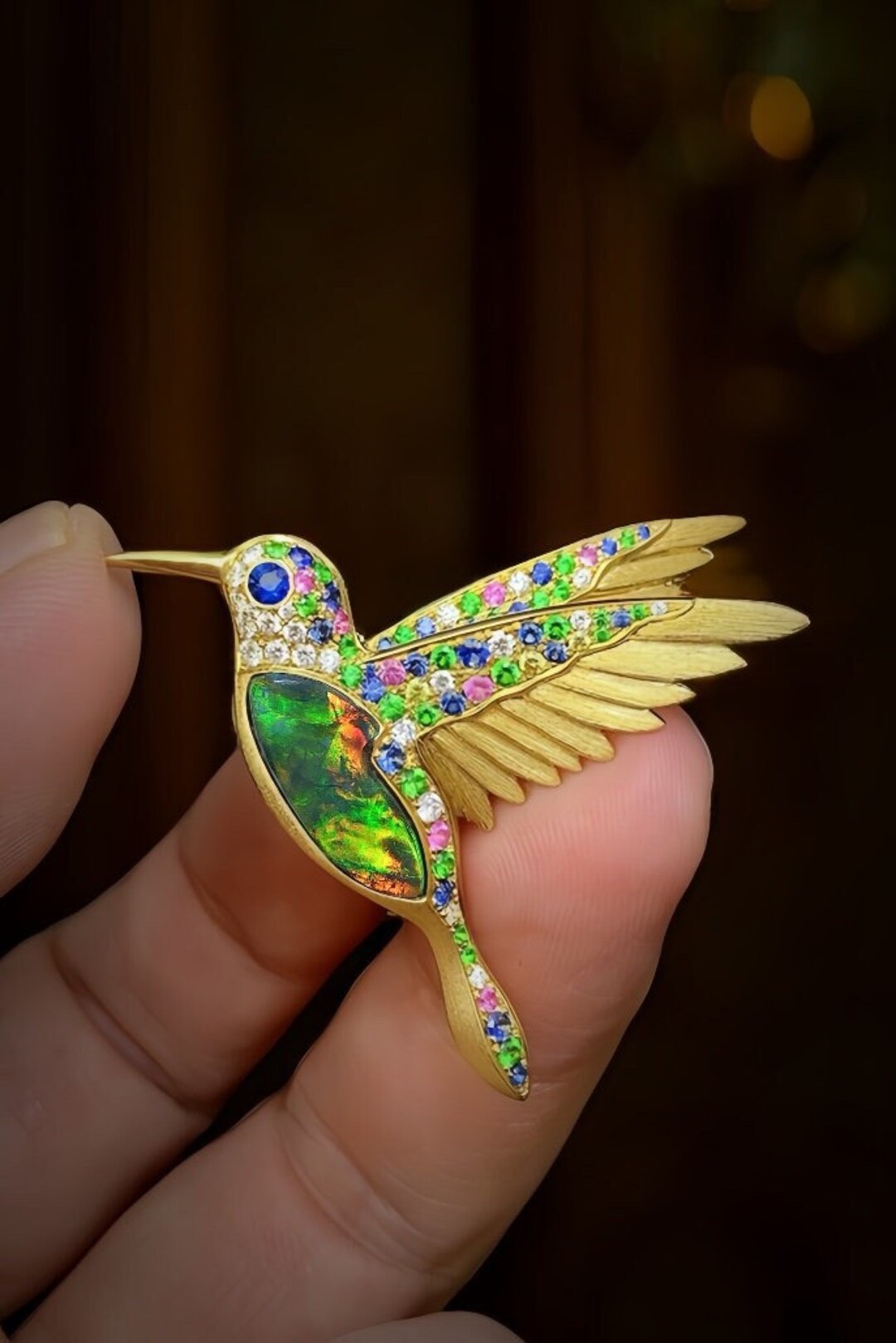NEW 18K Gold Black Opal Hummingbird Brooch - Etsy