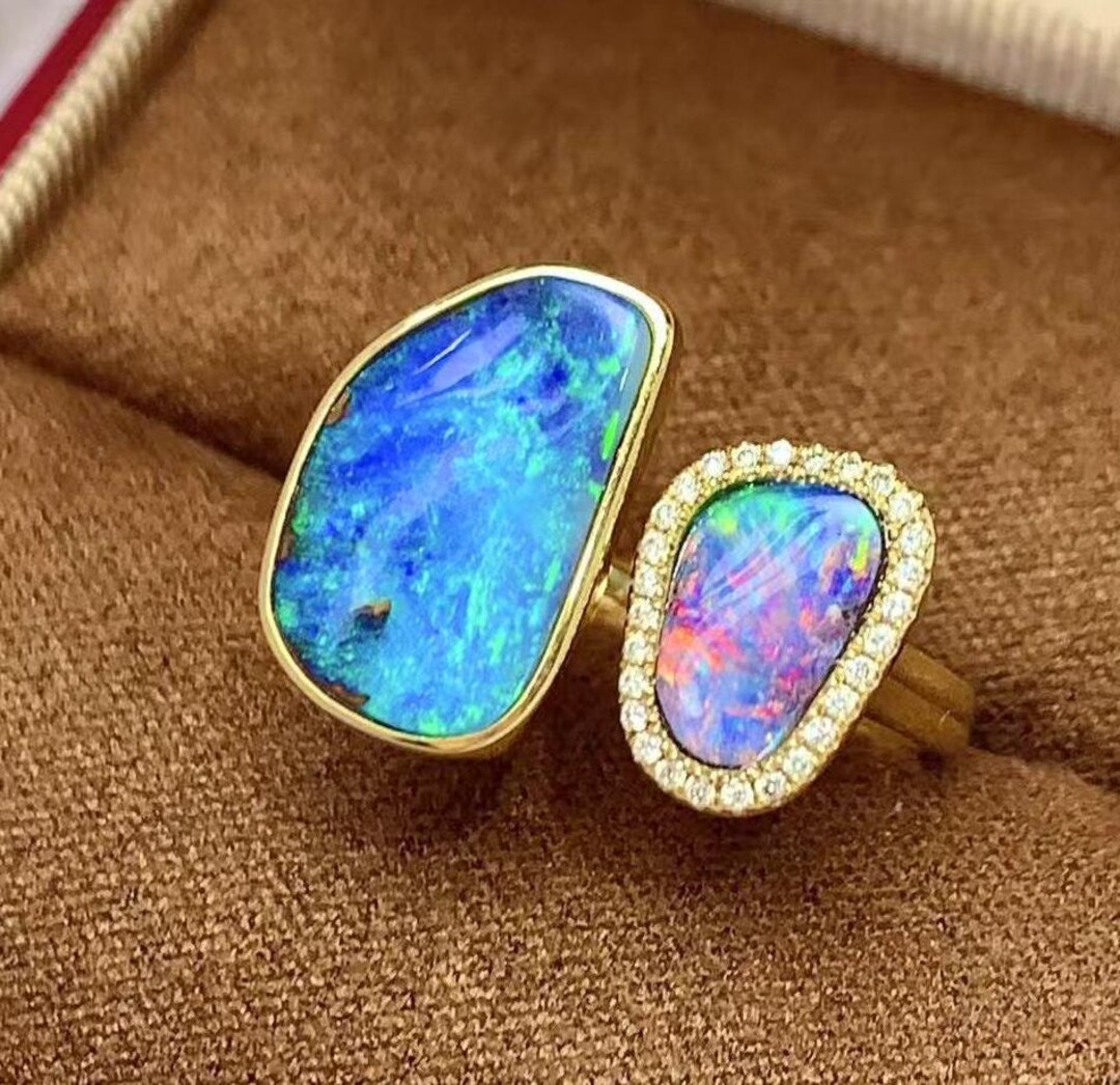 Australian Solid Boulder Opal Ring. 18K Yellow Gold Opal Wedding Ring.collection Diamonds Gift ...