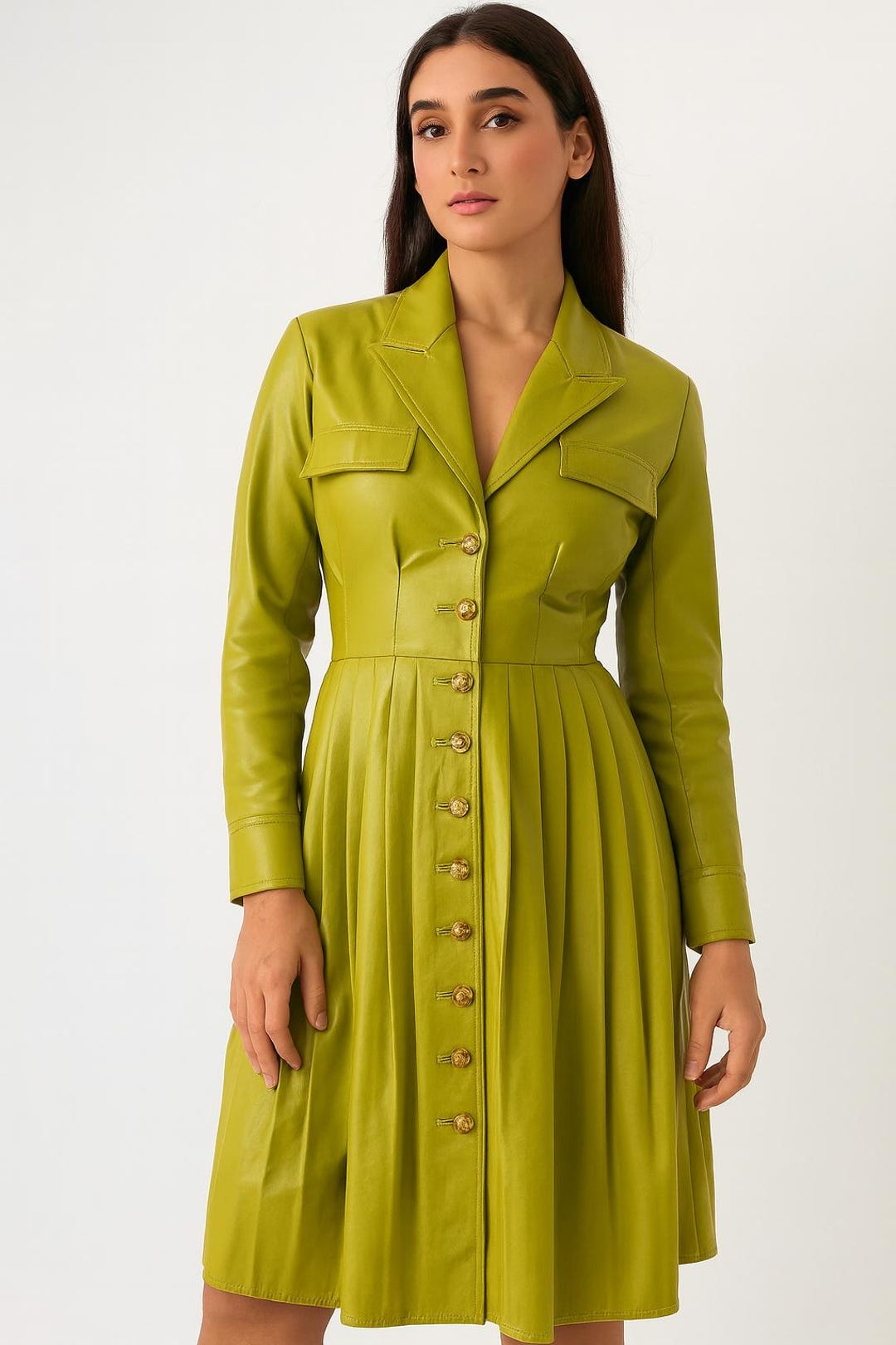 Handmade Lambskin Leather Shirt Dress: Pleated Mini, Collared Flared ...