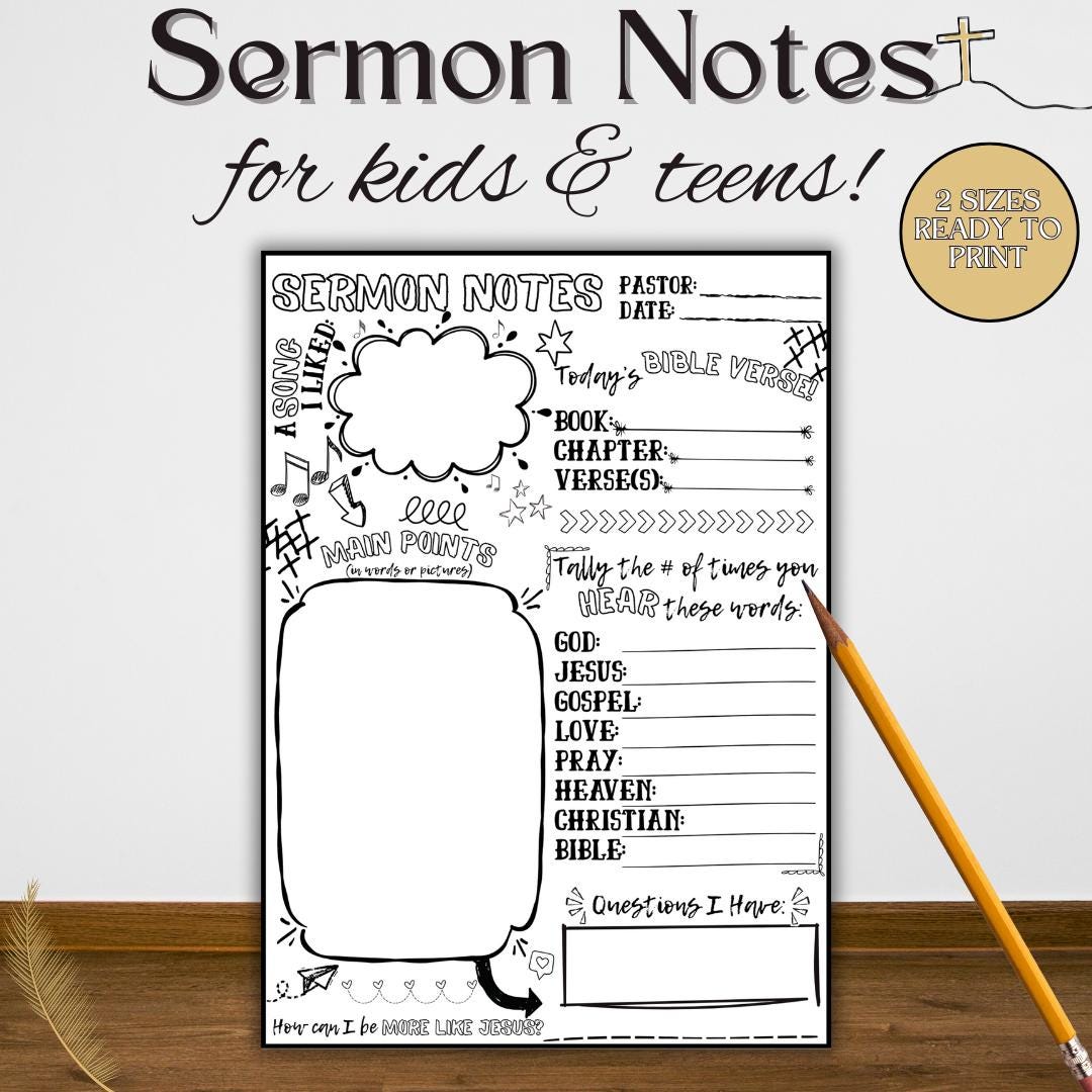 Printable Sermon Notes for Kids: Faith-based Church Worksheets (PDF ...
