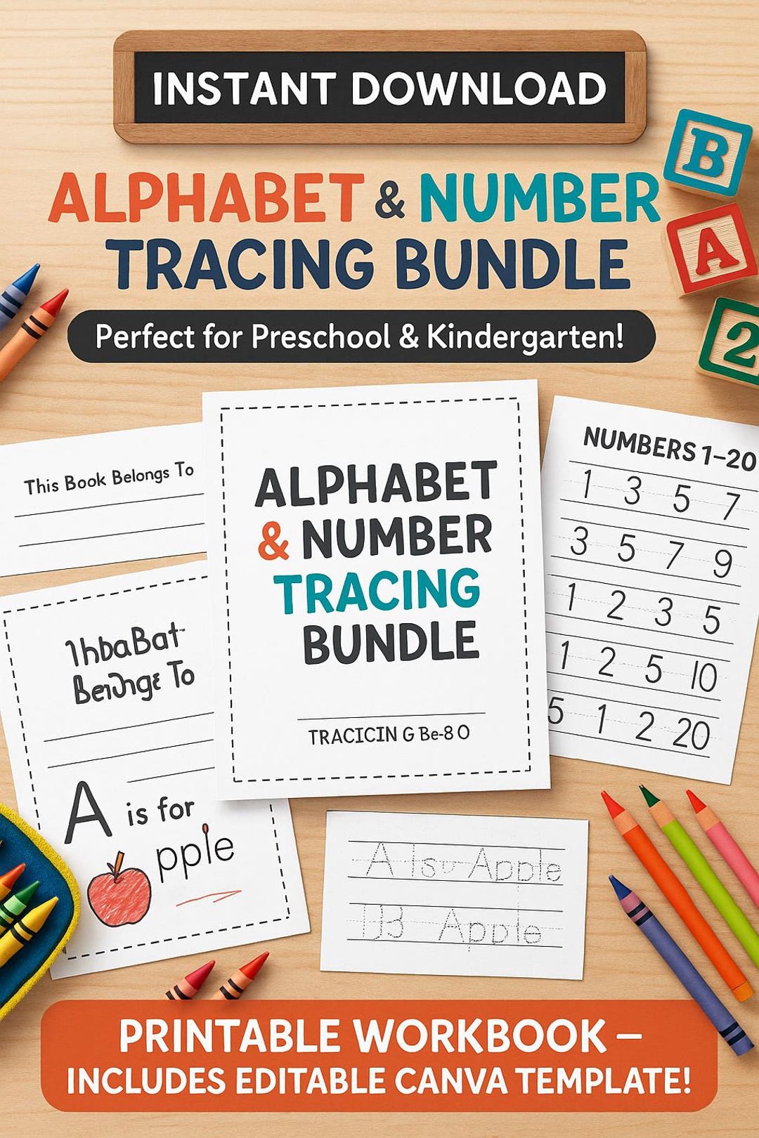 Printable Tracing Book for Kids – Alphabet and Numbers 1-20 + Canva ...