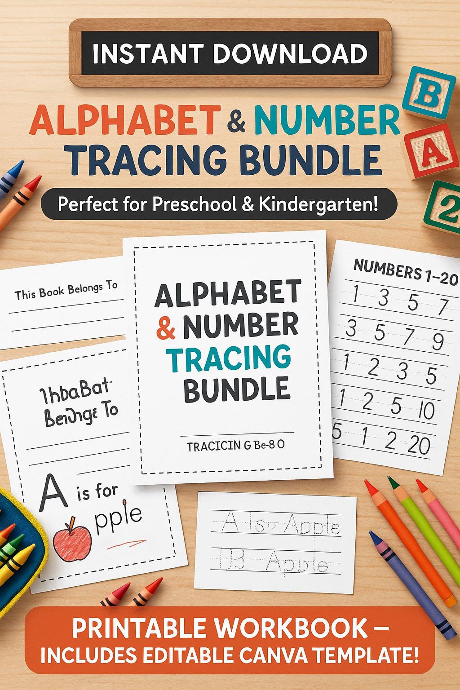 Printable Tracing Book for Kids – Alphabet and Numbers 1-20 + Canva ...