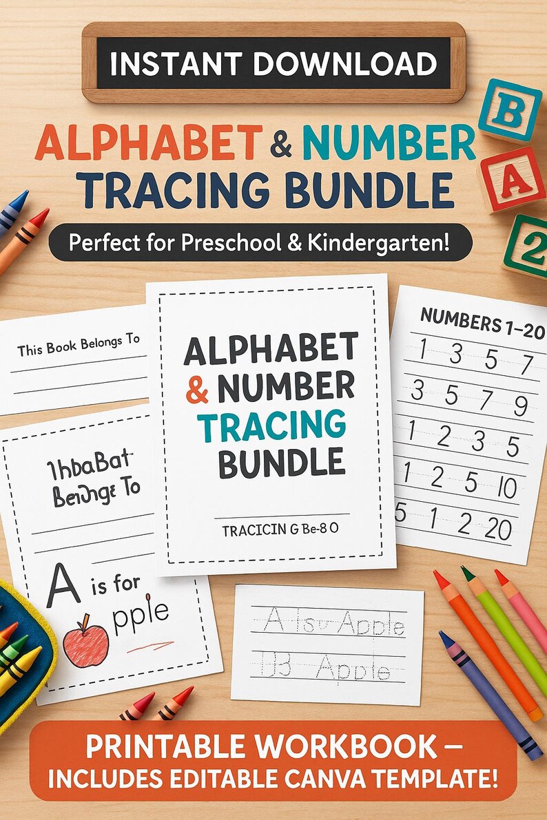 Printable Tracing Book for Kids – Alphabet and Numbers 1-20 + Canva ...
