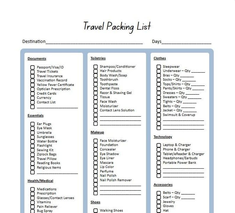 Travel Packing List, Travel Checklist Printable, Travel Planner, Travel ...