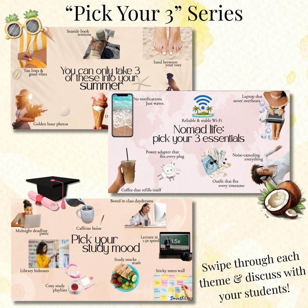 3 Aesthetic ESL Conversation Poster Set | Summer, Study & Nomad Life ...