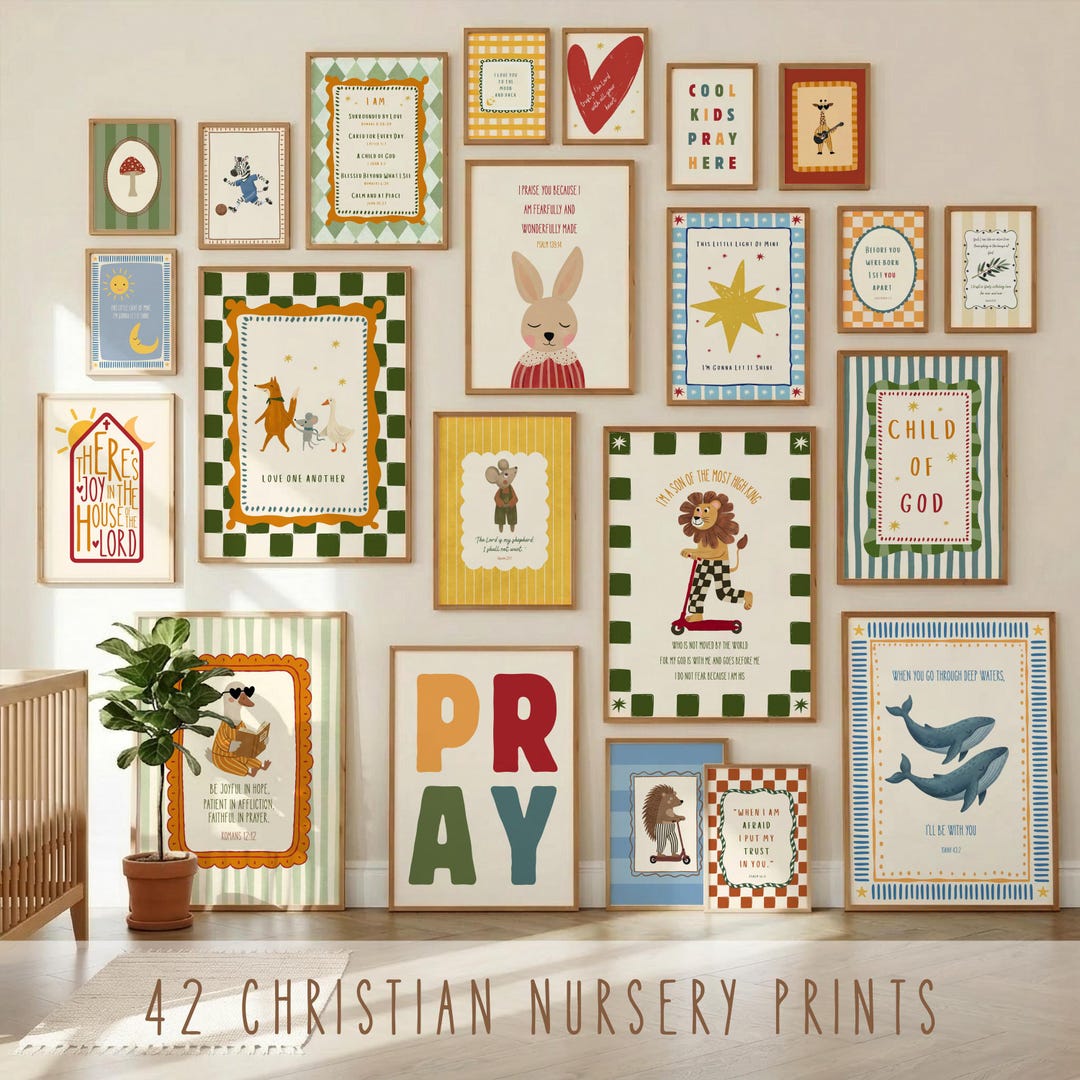 Set of 42 Christian Nursery Prints, Hand Drawn Scripture Wall Art, Boys ...