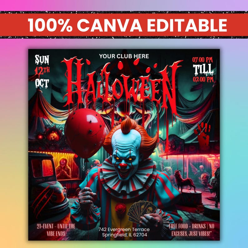 Creepy Clown Halloween Party Flyer: Editable Social Media Template ...