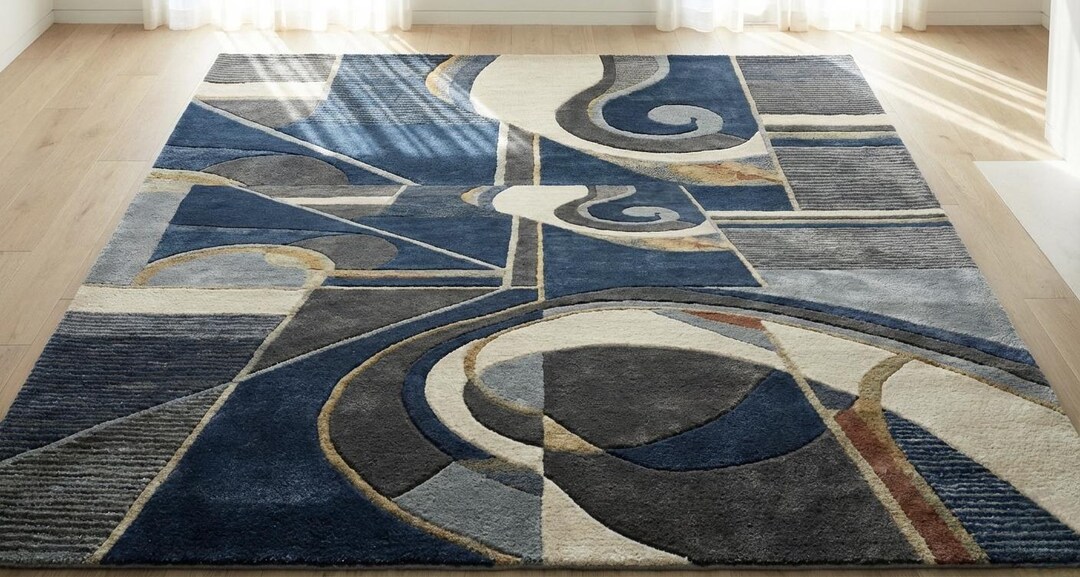 Modern Abstract Tufted Rug, Navy Blue Geometric Area Carpet, Artistic ...