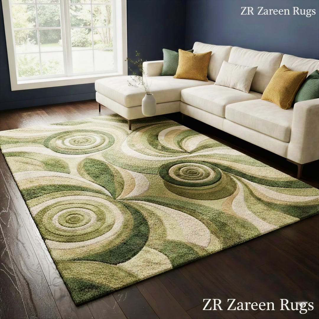 Modern Abstract Green Swirl Area Rug, Sage Olive Beige Carpet - Etsy