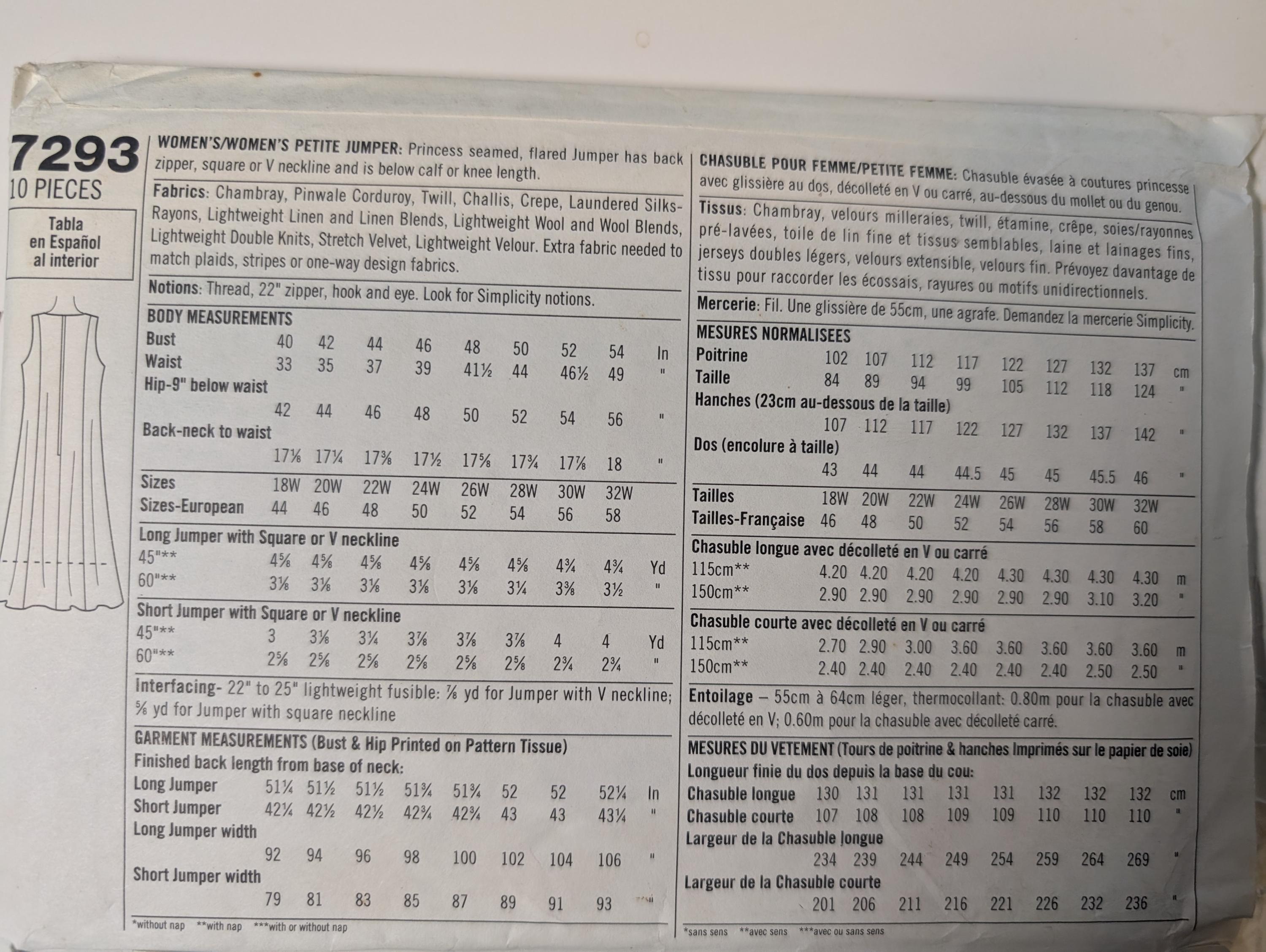 Simplicity 7293 – Misses’ Jumper Dresses – Sewing Pattern – Size 18W ...