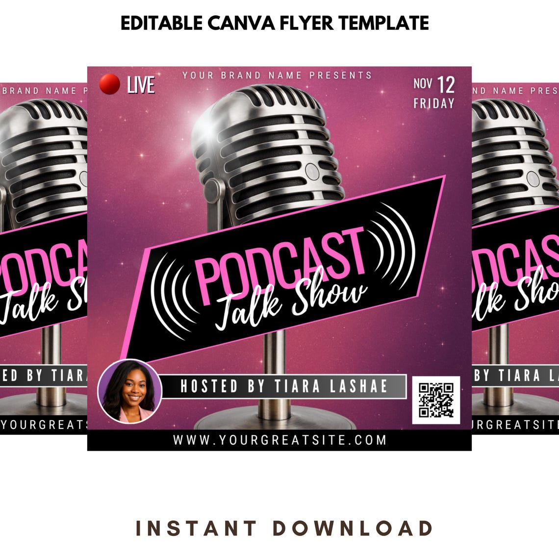 Pink and Black Podcast Flyer Template – Editable Talk Show Social Media ...