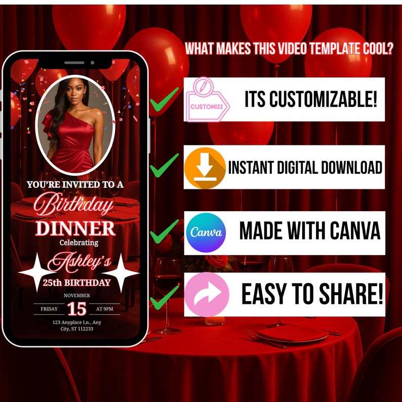 Red Themed Birthday Party Invitation – Animated Digital Evite Editable ...