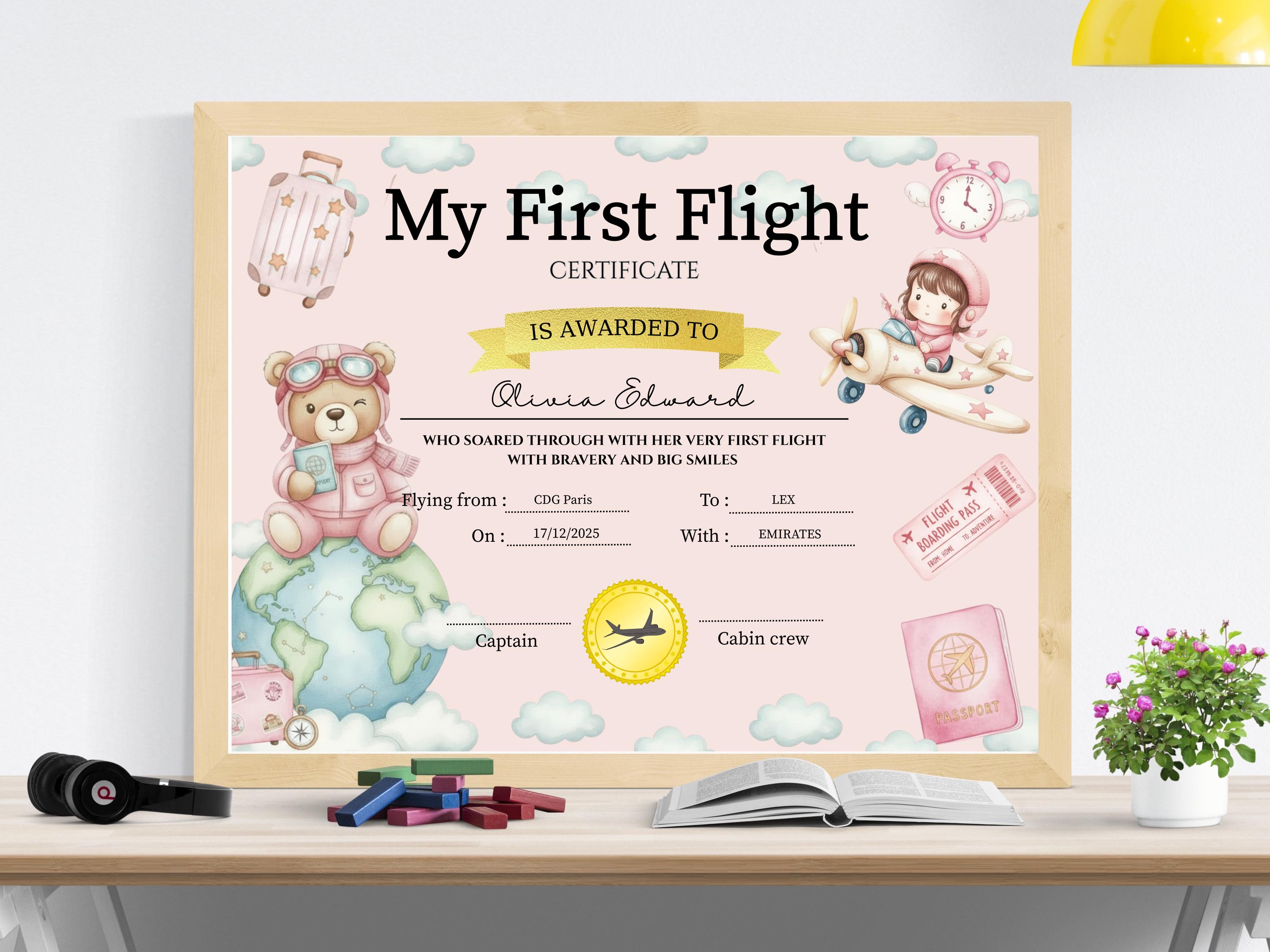 Cute Pink My First Flight Certificate Template, Baby's Very 1st Flight ...