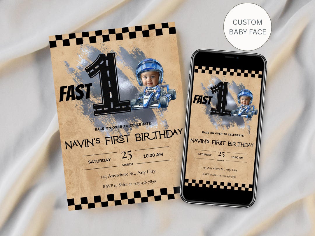 Editable Fast One First Birthday Invite for Boy, Racing Car 1st ...