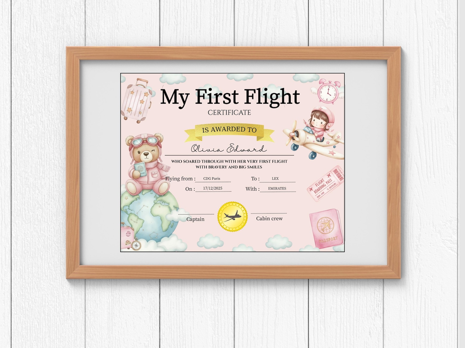 Cute Pink My First Flight Certificate Template, Baby's Very 1st Flight ...