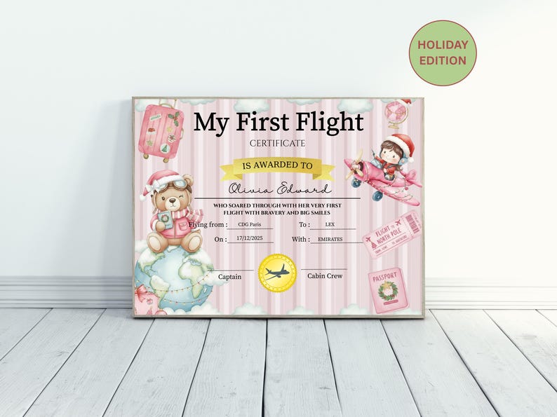 Cute Pink My First Flight Certificate Template, Baby's Very 1st Flight ...