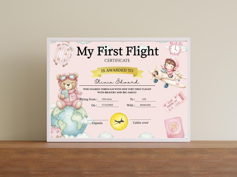 Cute Pink My First Flight Certificate Template, Baby's Very 1st Flight ...