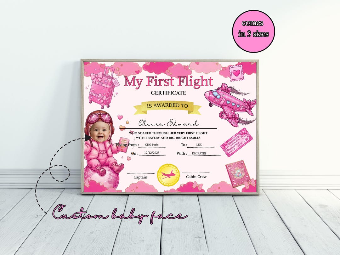 Cute Pink My First Flight Certificate Template, Baby's Very 1st Flight ...