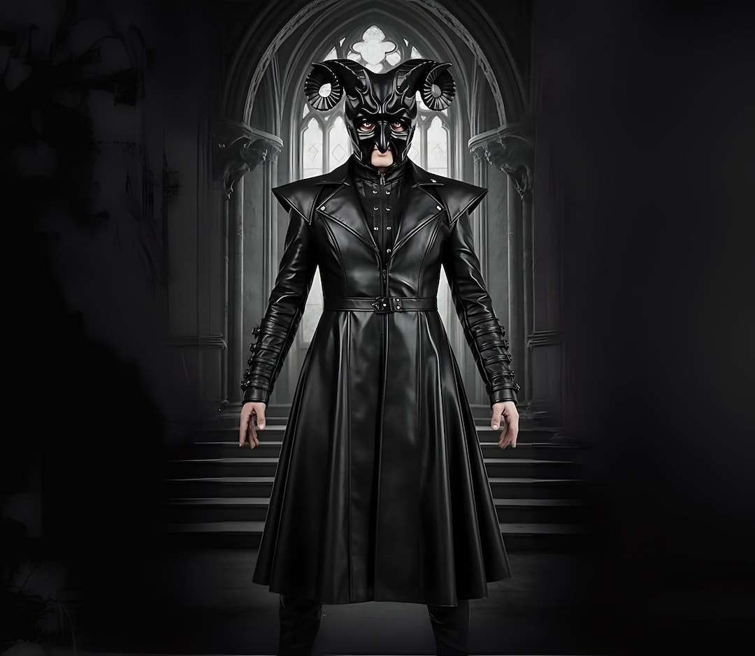 Mens Leather Vampire Cosplay Long Coat: Devil Horn Mask & Coat - Etsy