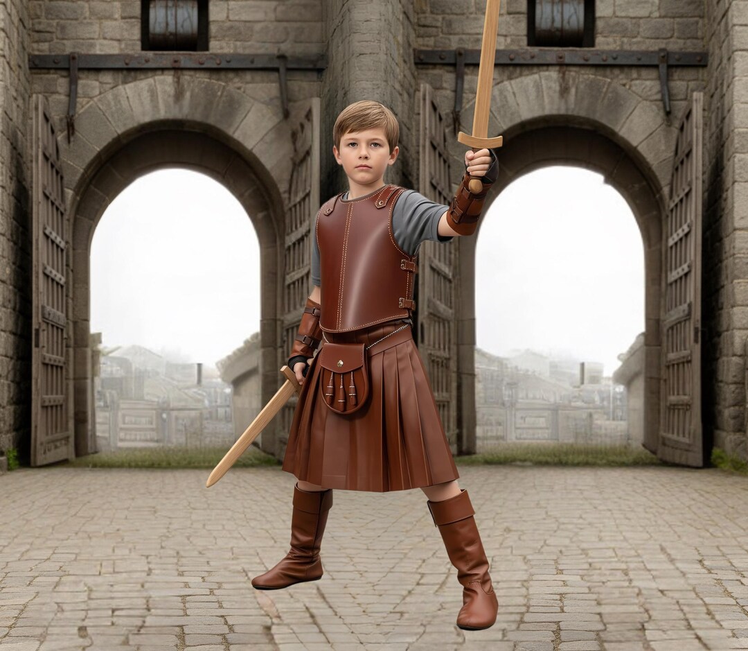 Brown Leather Chest Armor With Gladiator Kilt, Kids Handmade LARP ...