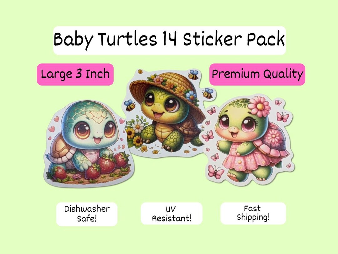 Cute Turtle Sticker Pack - FREE SHIPPING - 14 Waterproof Vinyl Decals ...