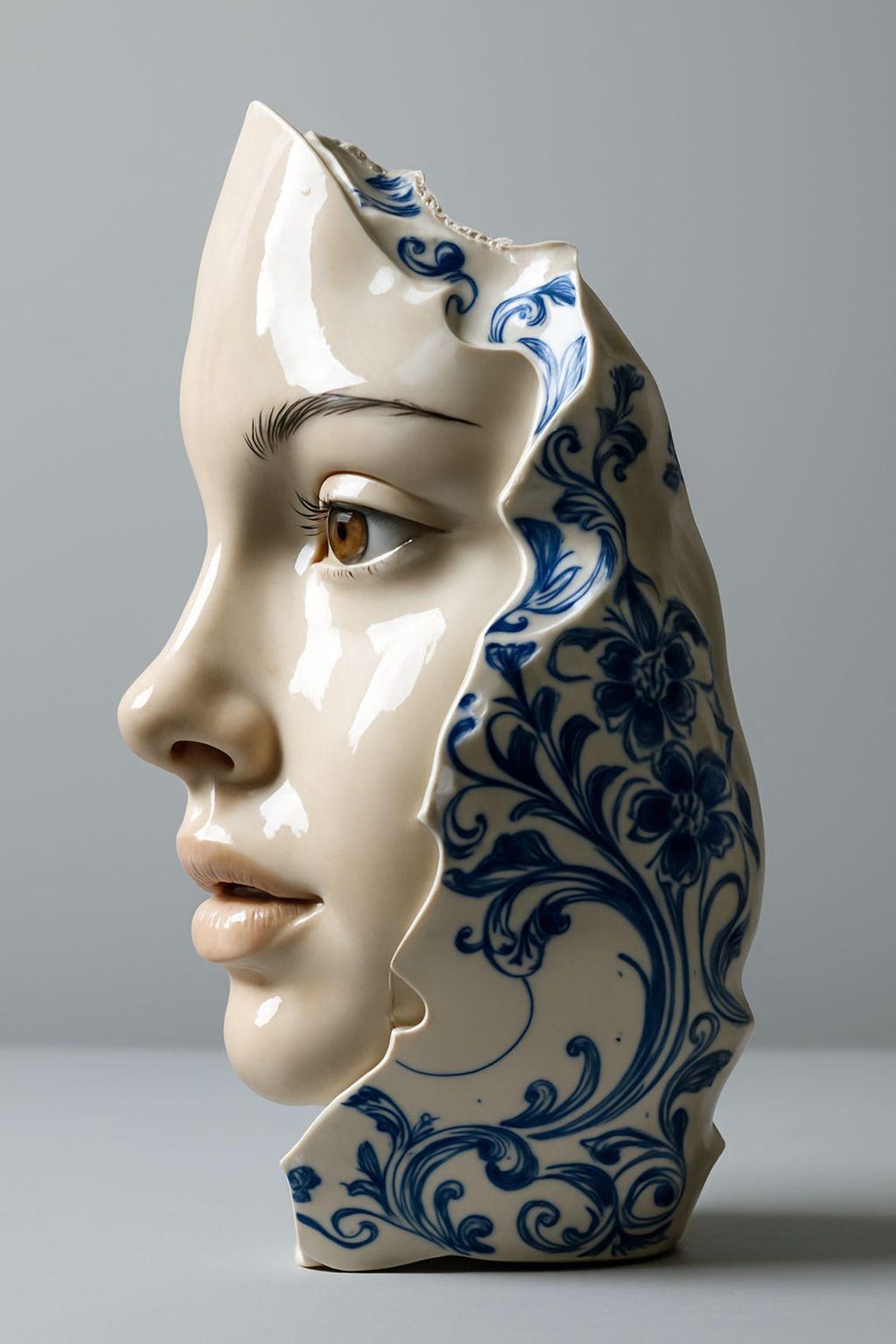 Porcelain Face Sculpture With Blue Floral Detail – Feminine Ceramic Art ...