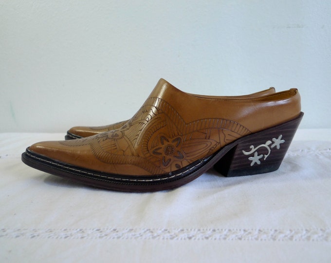 Vintage Stetson Western Style Leather Mules With Mother of Pearl Inlaid ...