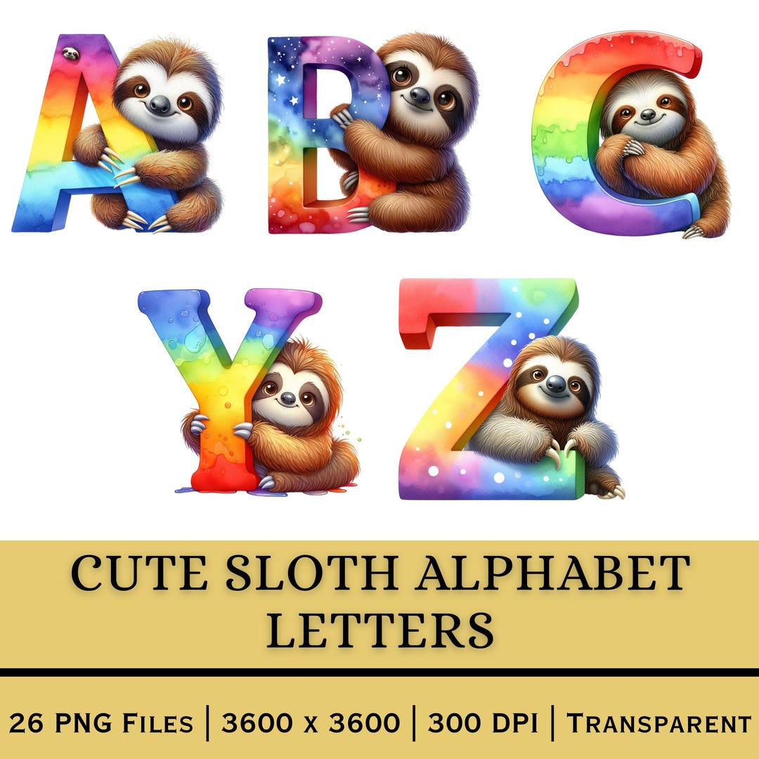 Sloth Alphabet PNG | A-Z Animal Letters, Nursery Decor (digital ...