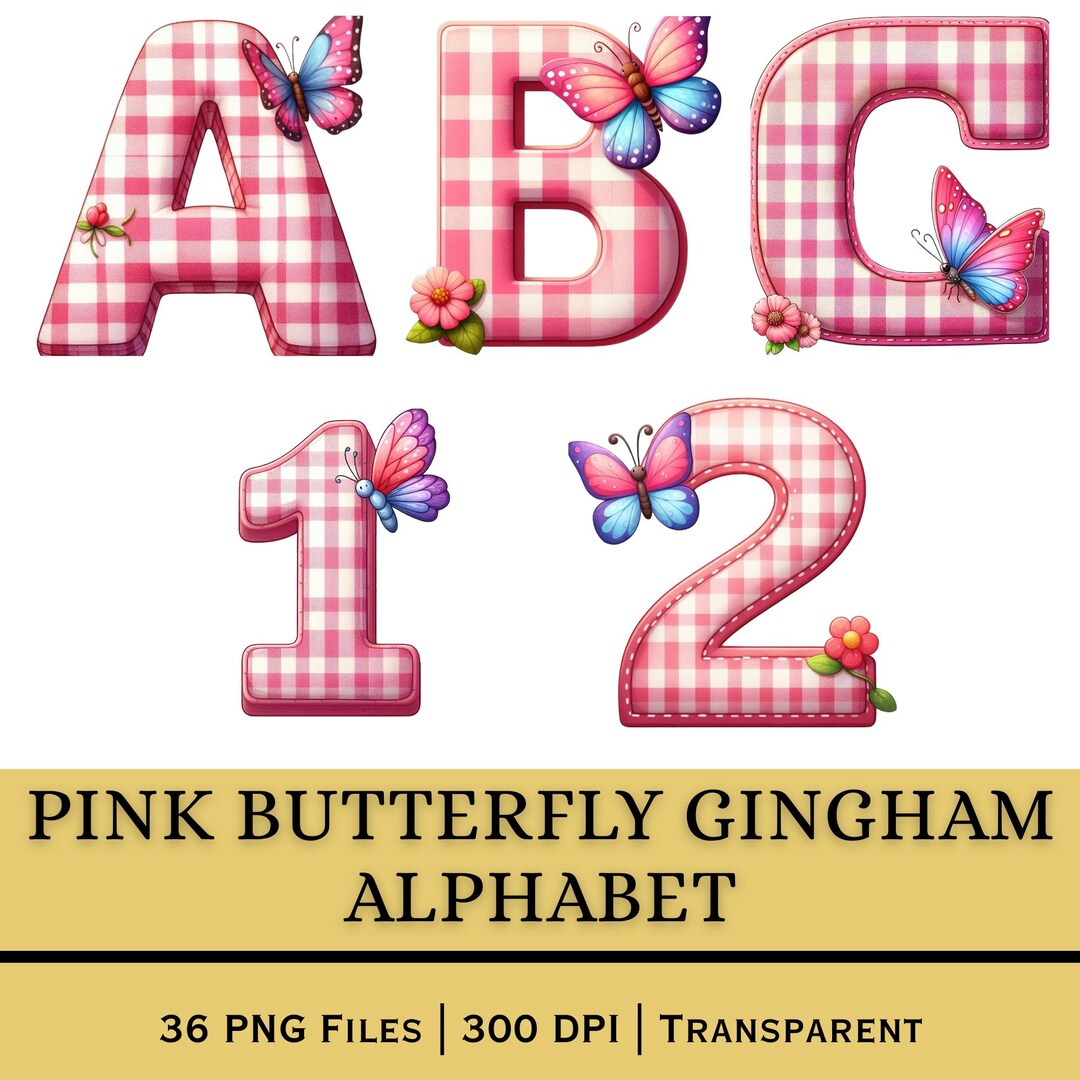 Pink Butterfly Gingham Alphabet Numbers PNG | Nursery Decor (digital ...
