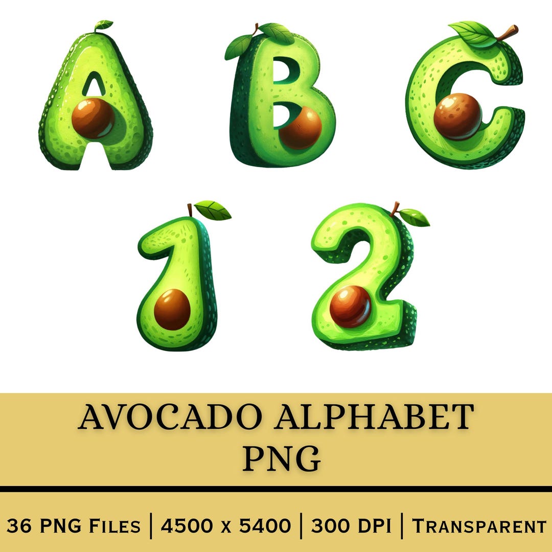 Avocado Alphabet PNG A–Z 0–9 | Food Letters Kids Nursery Decor Instant ...