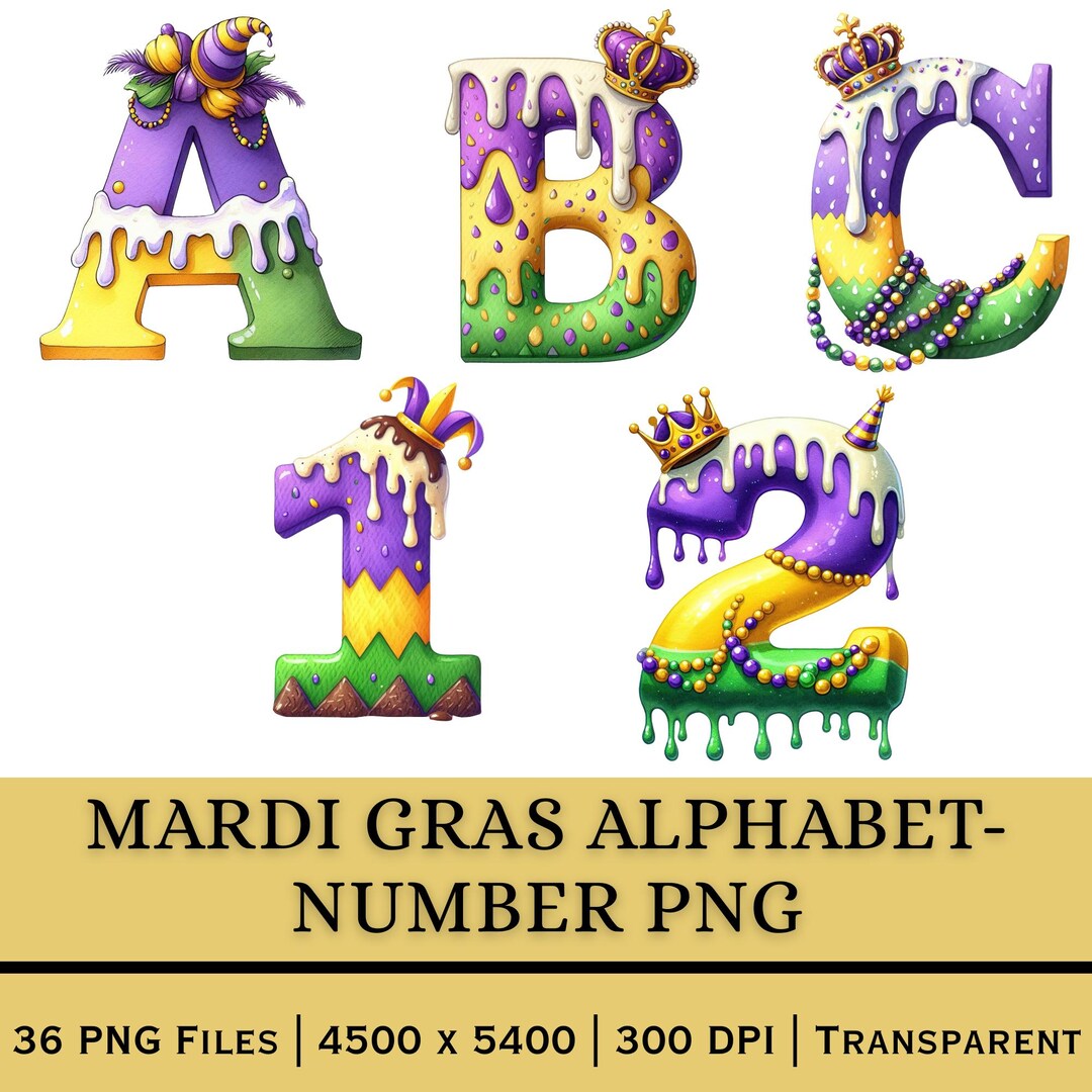 Mardi Gras Alphabet Numbers PNG | Carnival Letters, A-Z, 0-9 (digital ...