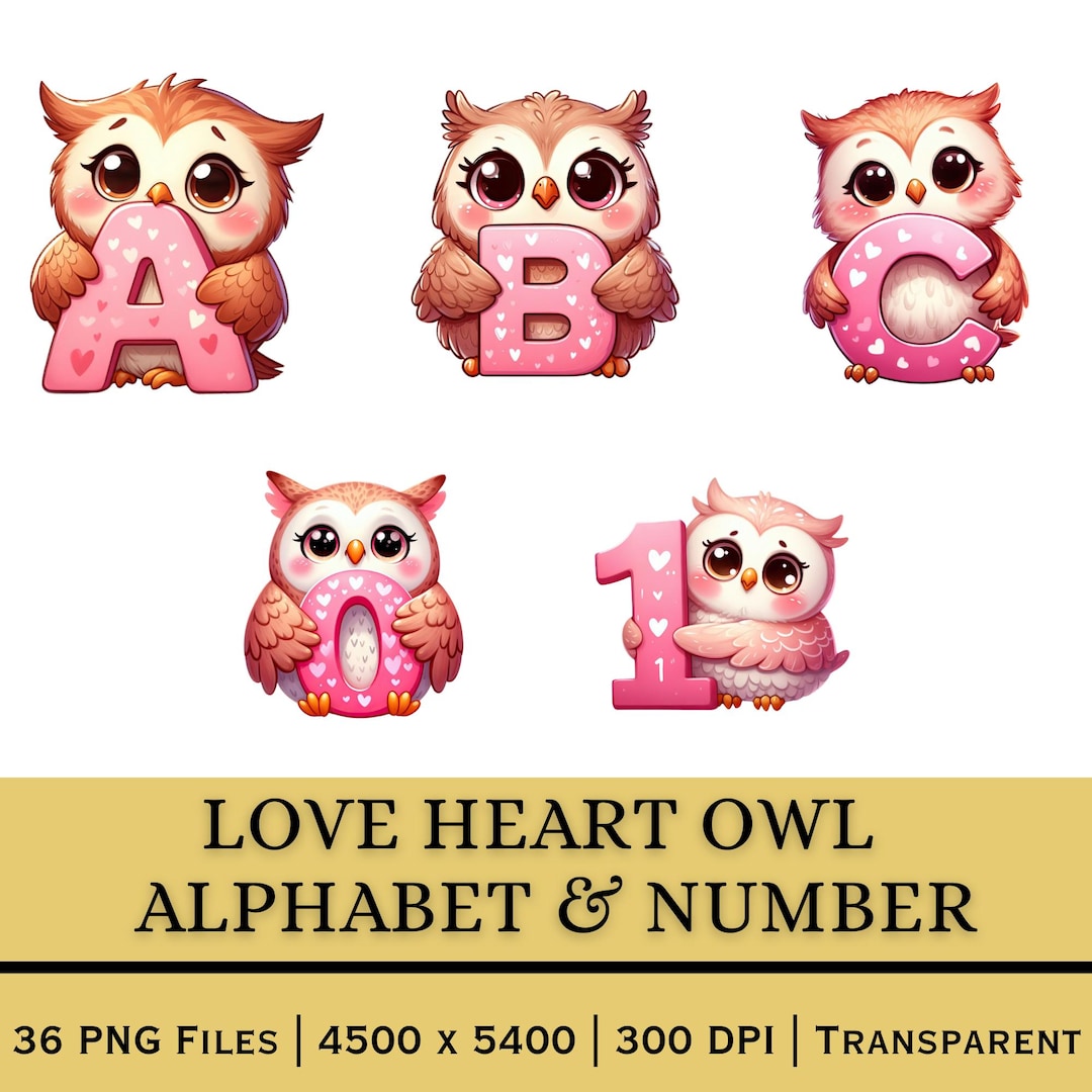 Valentine Owl Alphabet PNG | Heart Letters & Numbers (digital Download ...