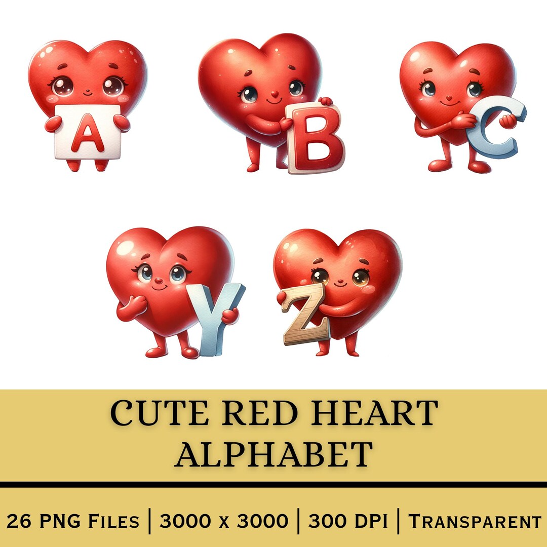 Red Heart Character Alphabet PNG | Valentine & Nursery Decor - Etsy