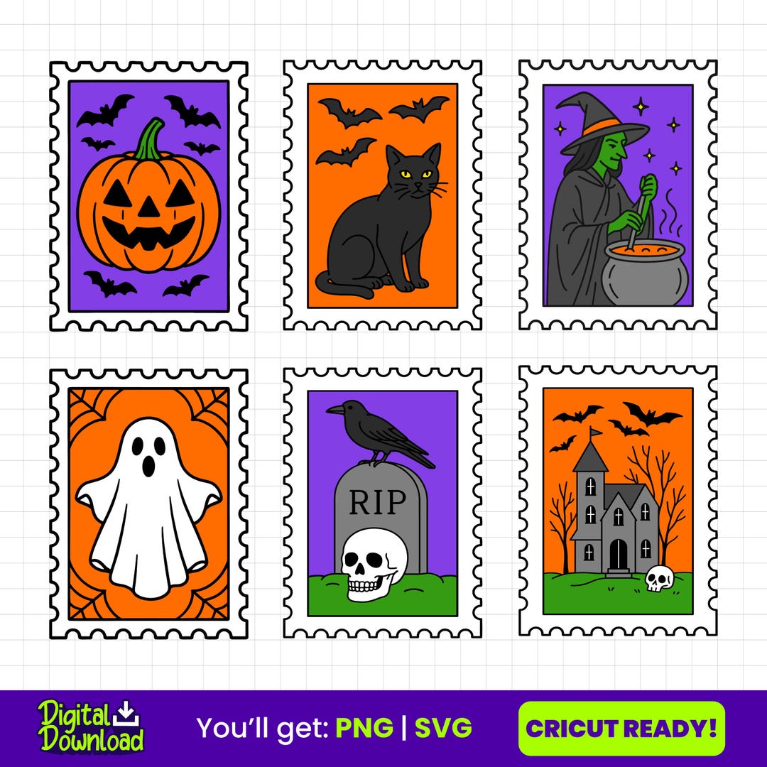 Halloween Postal Stamp Svg Png | Retro Witch Cat Ghost Bats Bundle ...