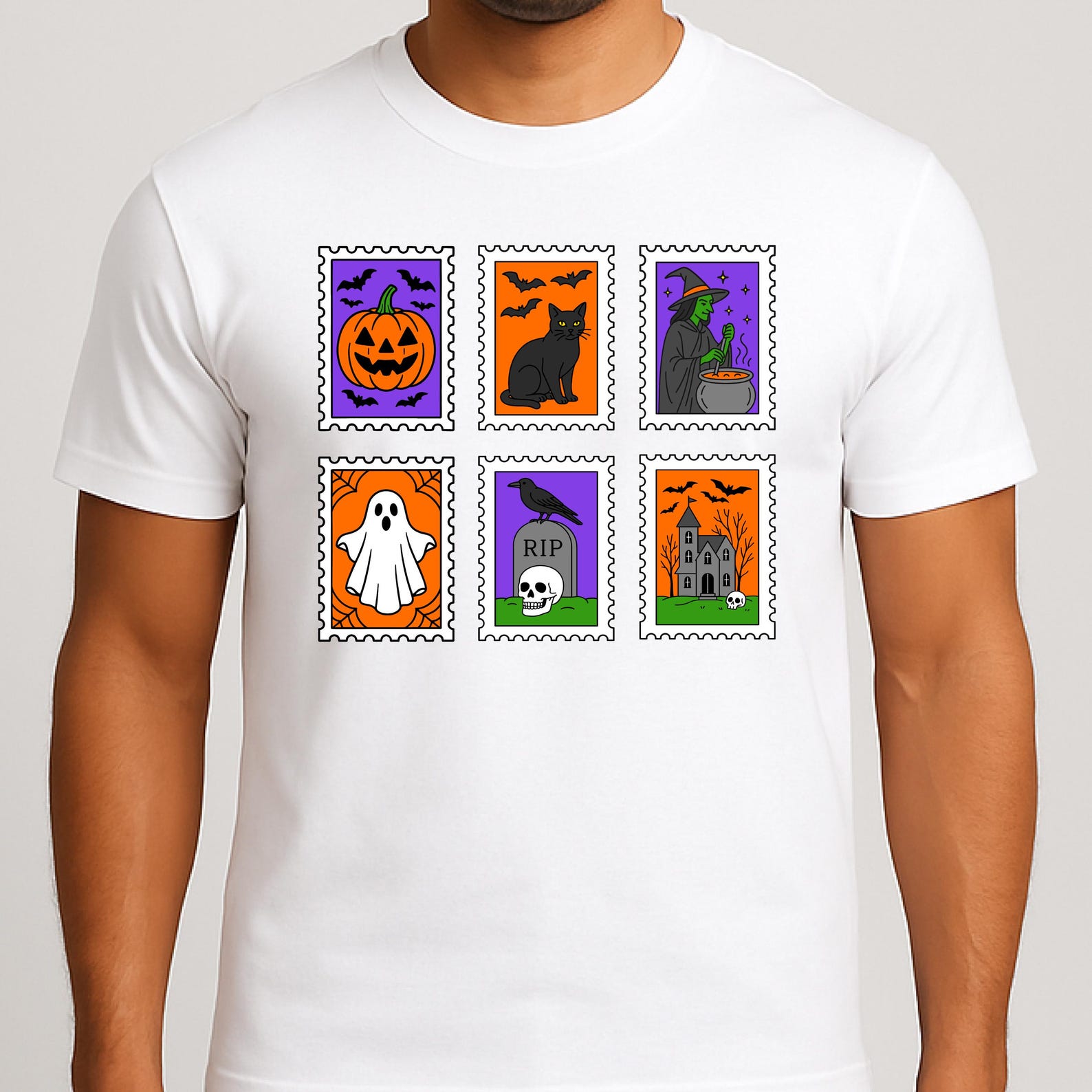 Halloween Postal Stamp Svg Png | Retro Witch Cat Ghost Bats Bundle ...